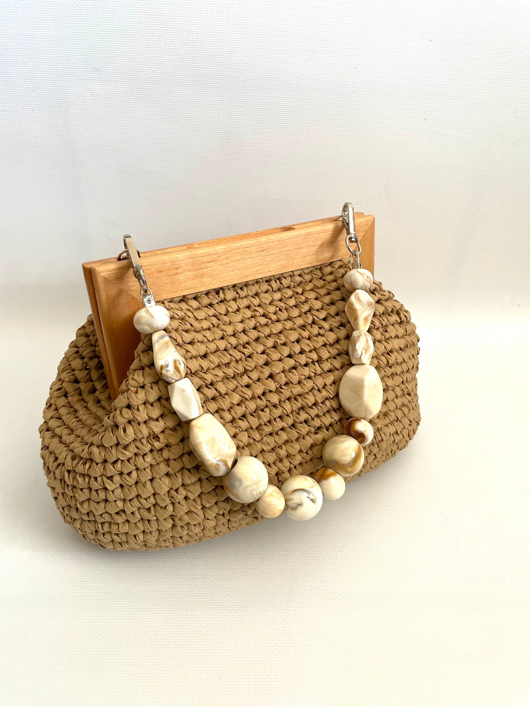 Wooden Frame Raffia Clutch Bag | Handmade Pouch Bag | Boho Bag | Beach ...