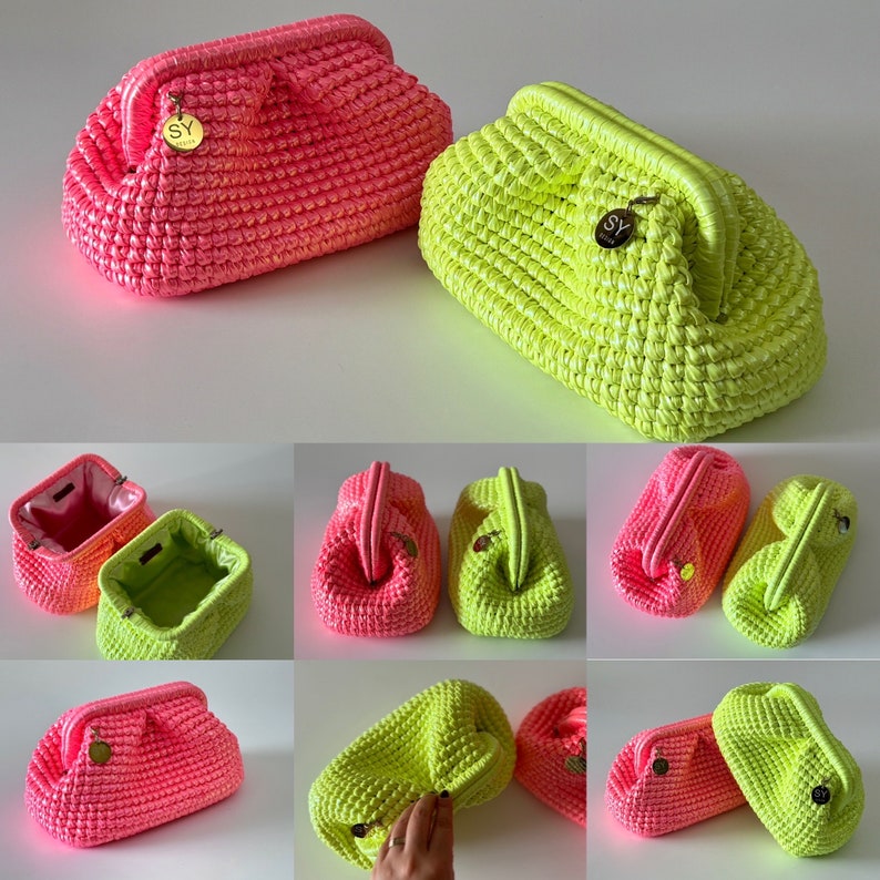 Neon Green Metallic Leather Crochet Clutch: Handmade Evening Bag - Etsy