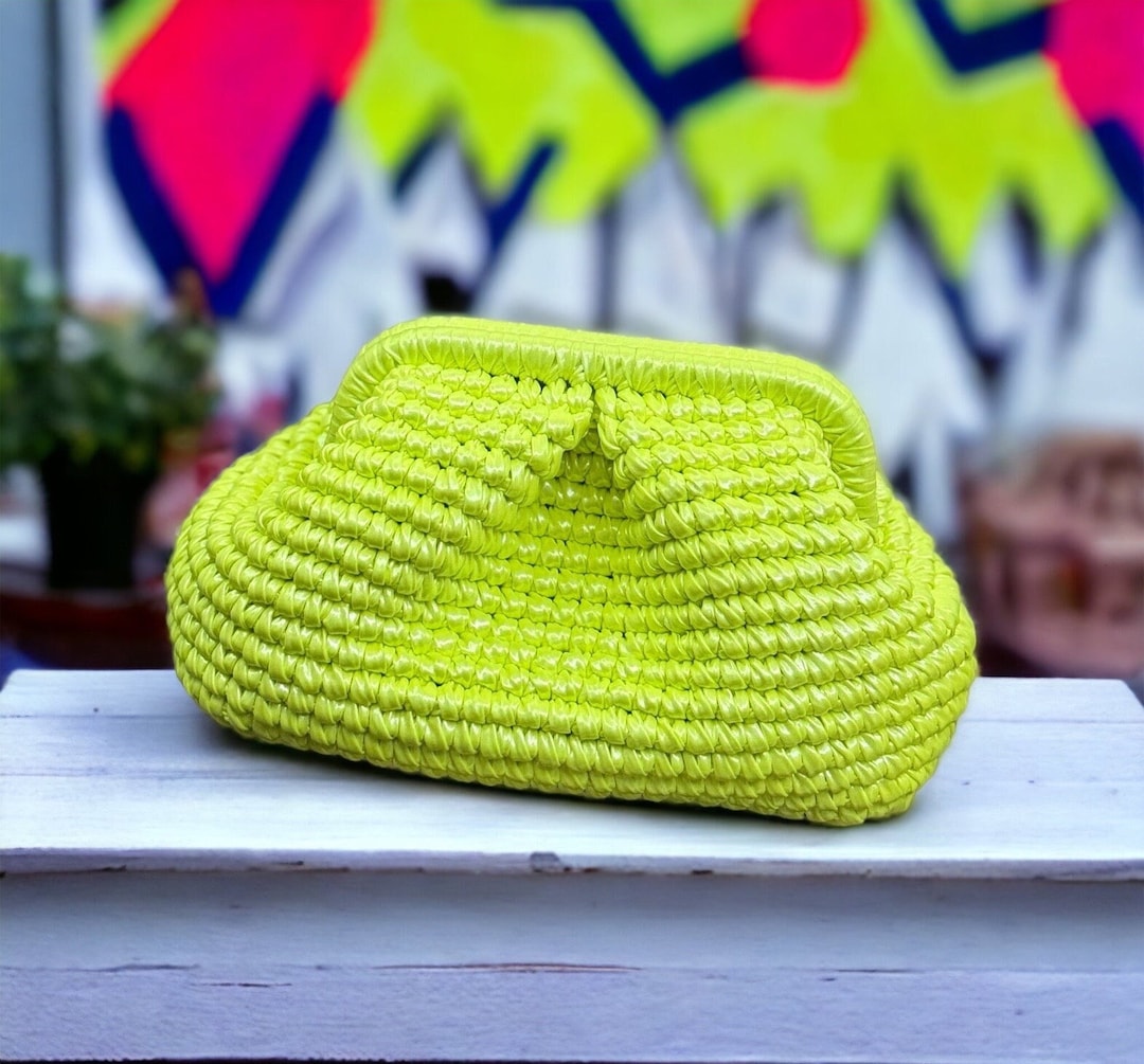 Neon Green Metallic Leather Crochet Clutch: Handmade Evening Bag - Etsy