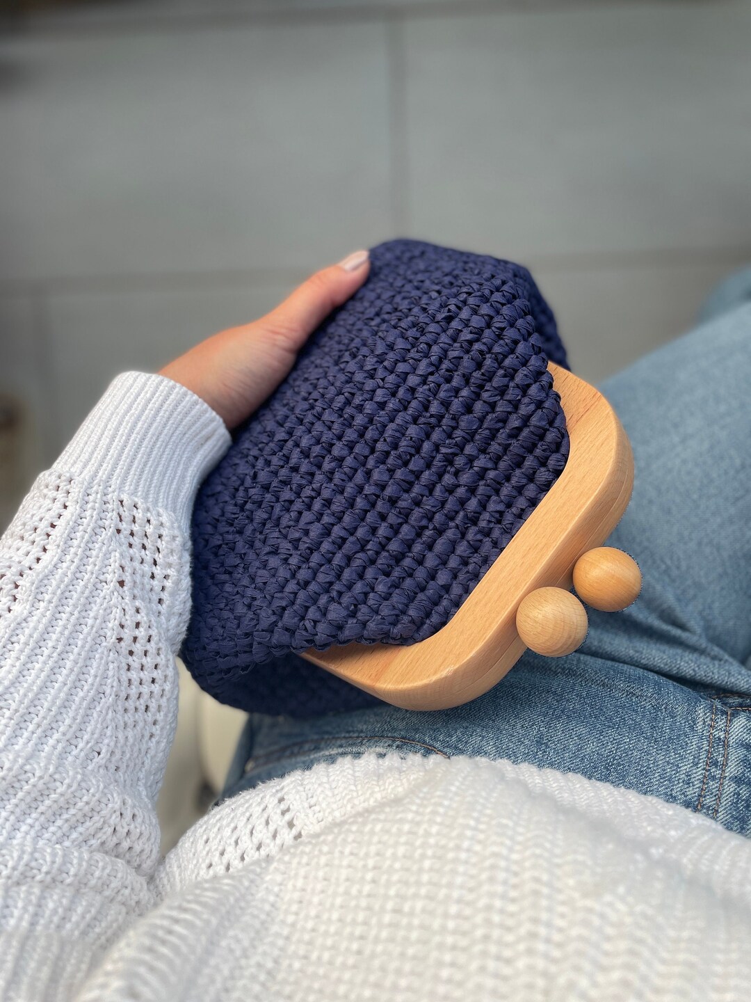 Blue Wooden Framed Hand Knit Raffia Women's Hand Bag, Gift for Women ...