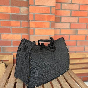 Crochet Raffia Black Tote Bag | Straw Summer Beach Woven Shoulder Bag ...