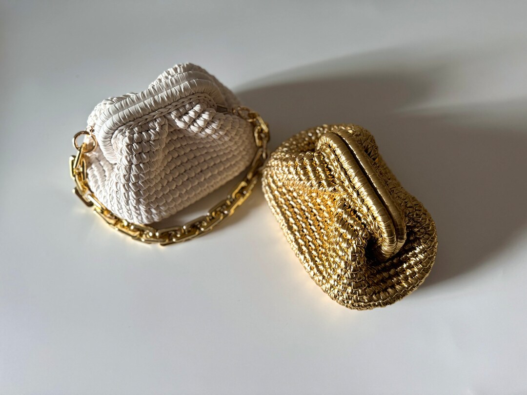 Small White Gold Metallic Pouch Clutch Purse Bag Bride Wedding Woven ...