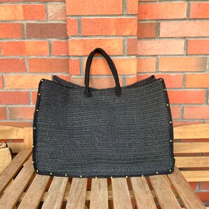 Crochet Raffia Black Tote Bag | Straw Summer Beach Woven Shoulder Bag ...