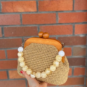 Handmade Raffia Bag, Wooden Framed Knitting Clutch, Evening Crochet ...
