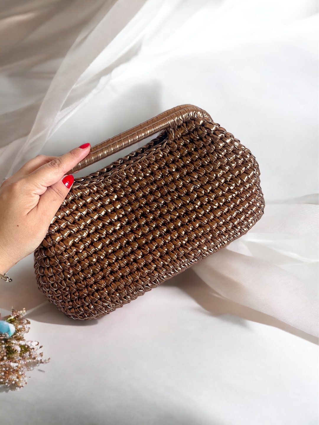 Bronze Knitting Metallic Leather Pouch Clutch Purse Bag | Beach Wedding ...