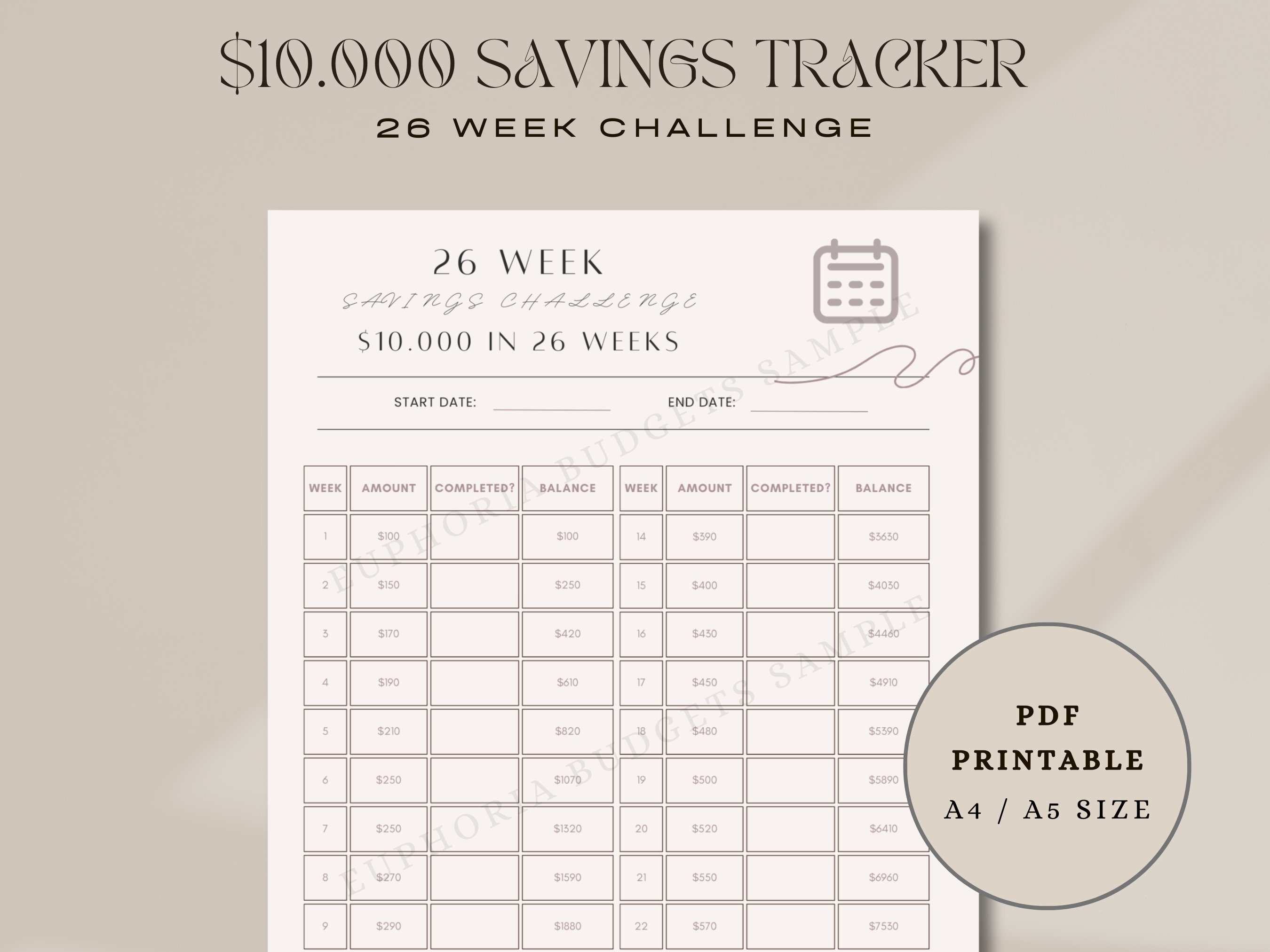 10,000 Dollars 26 Week Savings Tracker Printable, 26 Week Saving ...