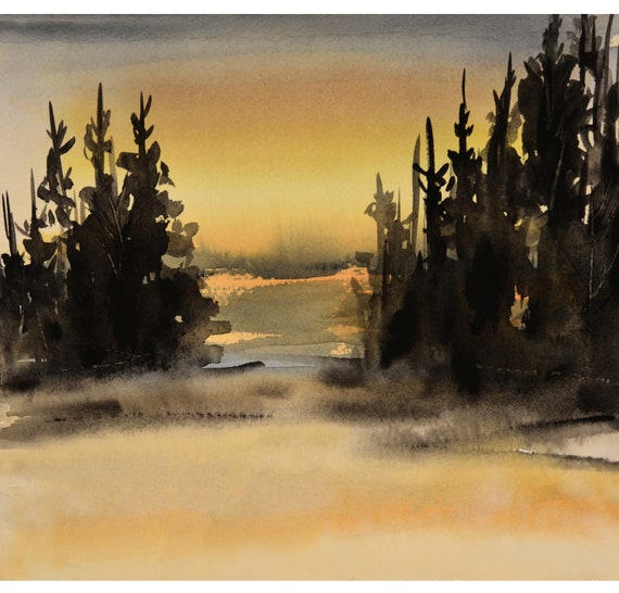 Sunset Artwork Setting Sun Painting Yoga Watercolor Dark - Etsy