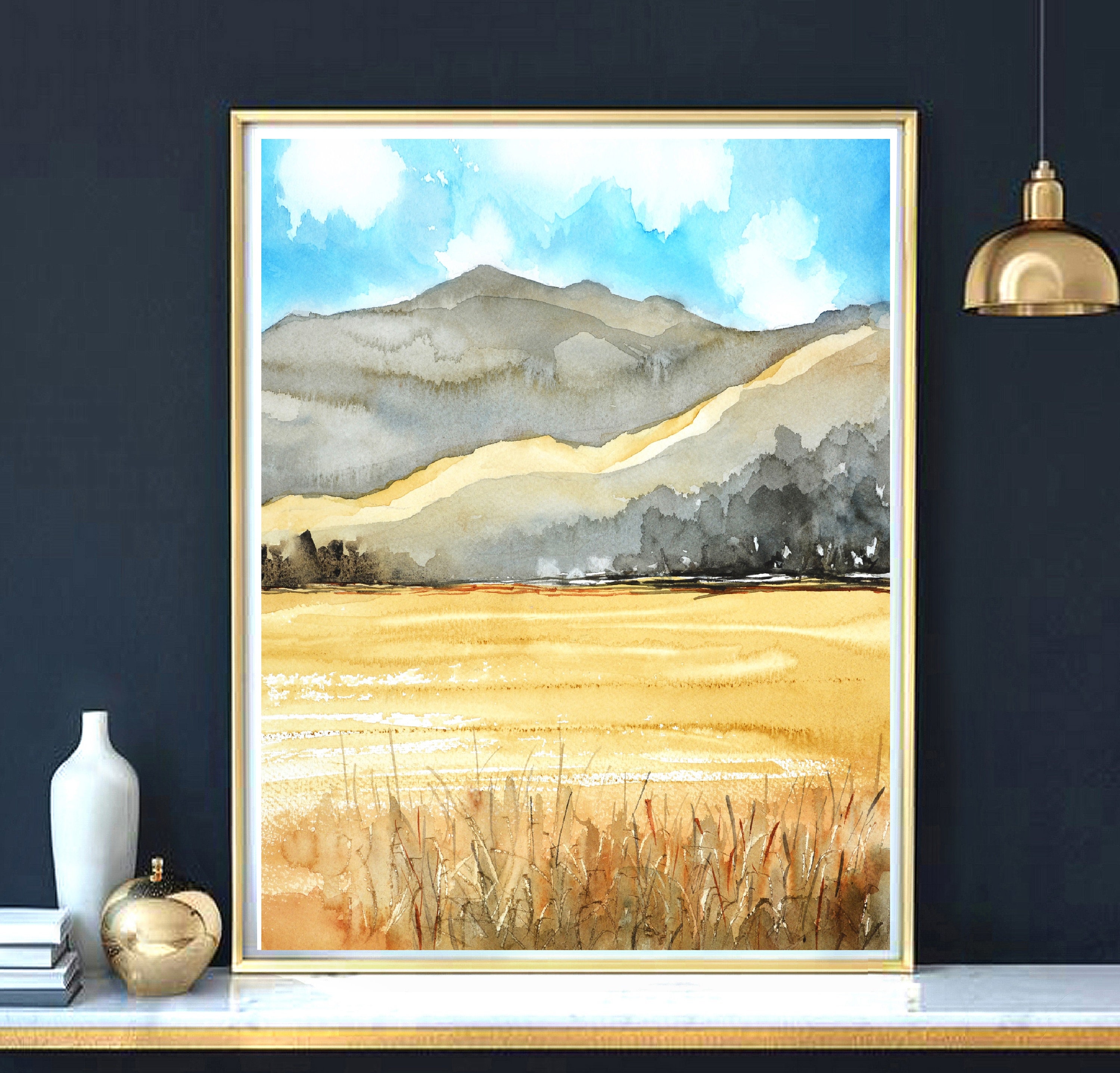Wheat Field Watercolor Wall Art, Farm Field Painting, English ...