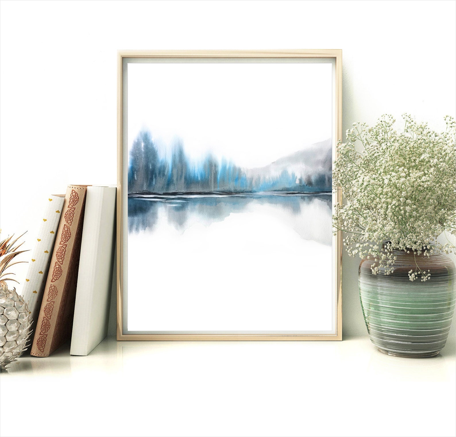 Blue Grey Wall Decor Landscape Painting Watercolor Painting - Etsy