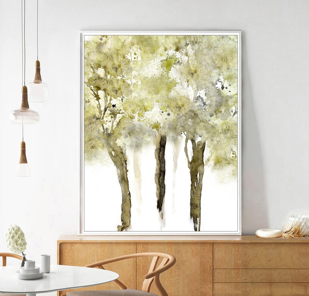 Light Olive Green Painting, Tree Painting Print, Oriental Painting ...