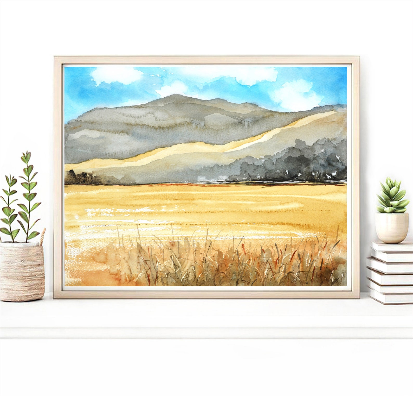 Wheat Field Watercolor Wall Art, Farm Field Painting, English ...
