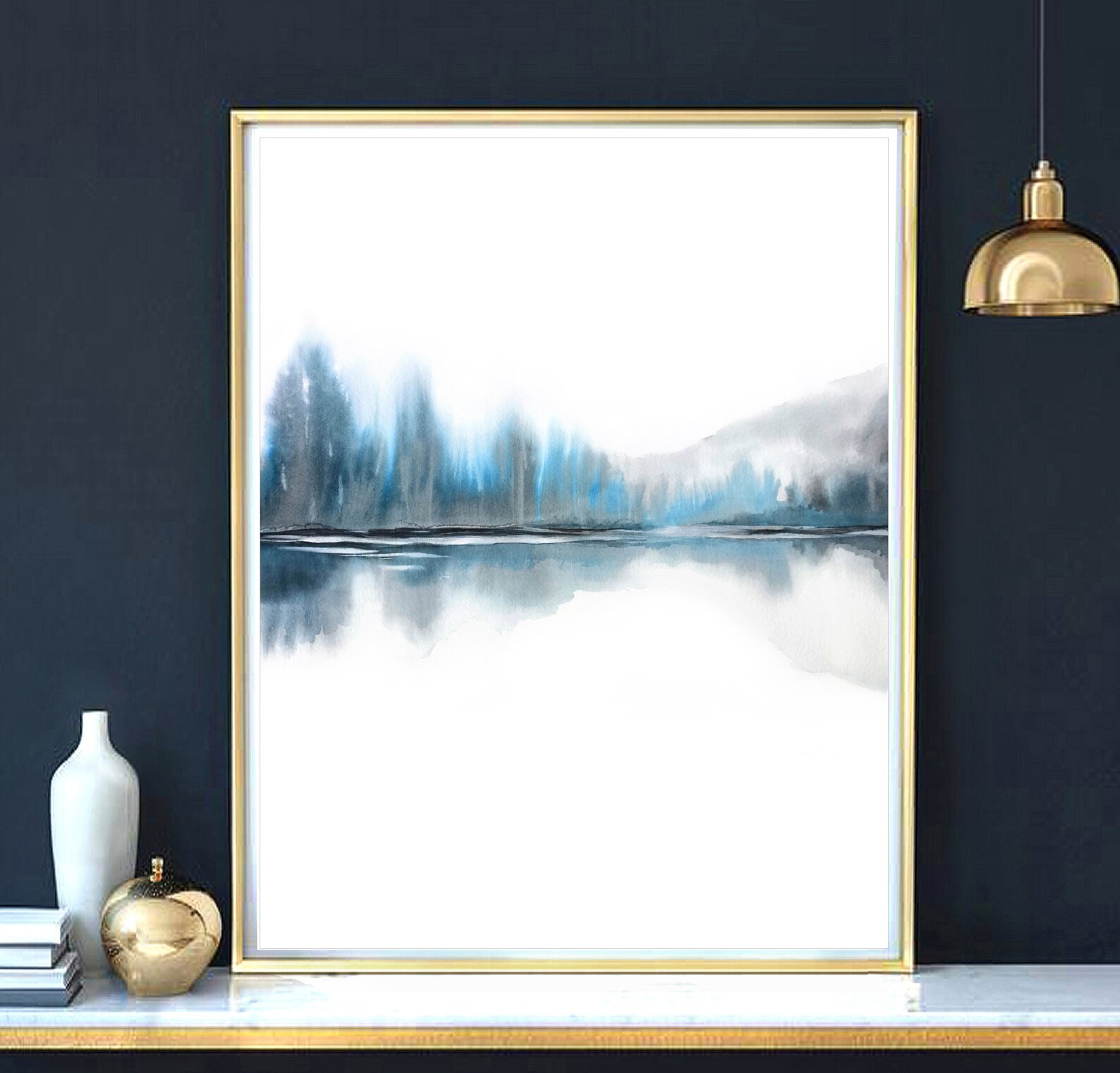 Blue Grey Wall Decor Landscape Painting Watercolor Painting - Etsy