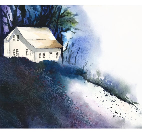 Night Painting Farmhouse Art Print Moonlight Landscape - Etsy