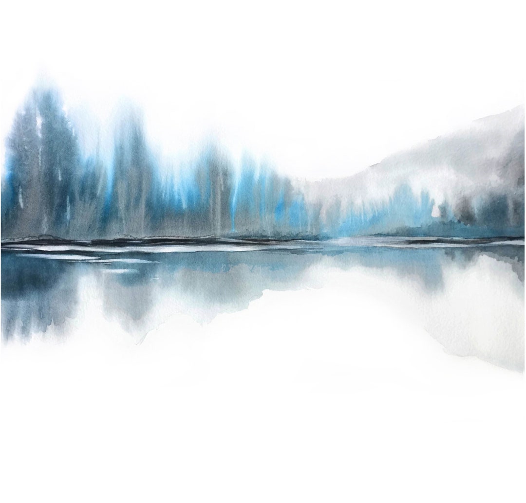 Blue Grey Wall Decor, Landscape Painting, Watercolor Painting Print ...