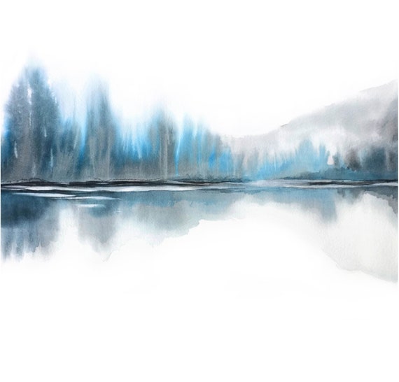 Blue Grey Wall Decor Landscape Painting Watercolor Painting - Etsy