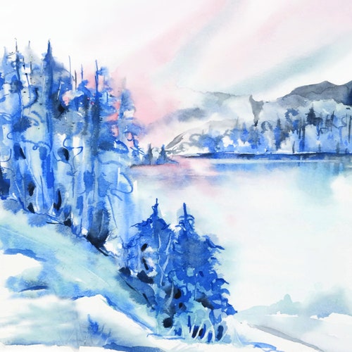 Blue Grey Wall Decor Landscape Painting Watercolor Painting - Etsy