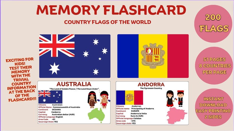 PRINTABLE Montessori Country Flags of the World Memory Flashcards | 201 ...