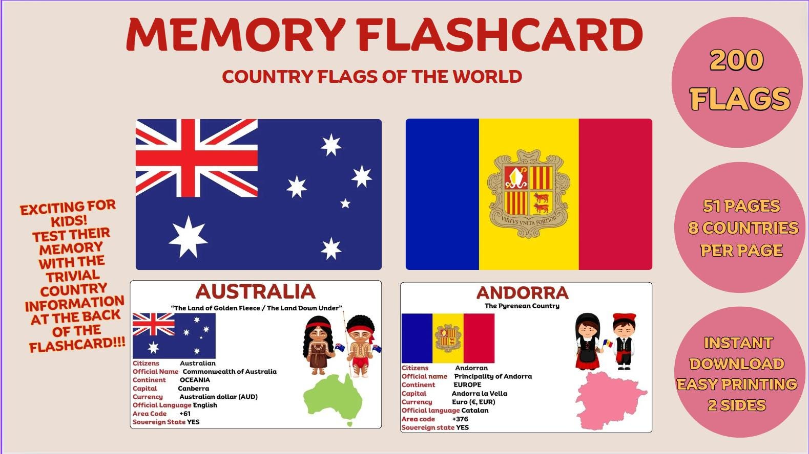 PRINTABLE Montessori Country Flags of the World Memory Flashcards | 201 ...