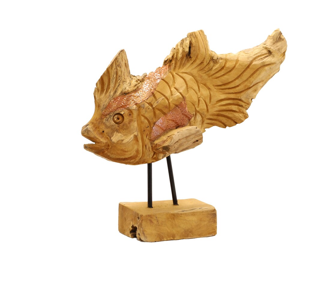 Teak Fish With Copper Details Teak Sculpture Fish Decoration Maritime ...