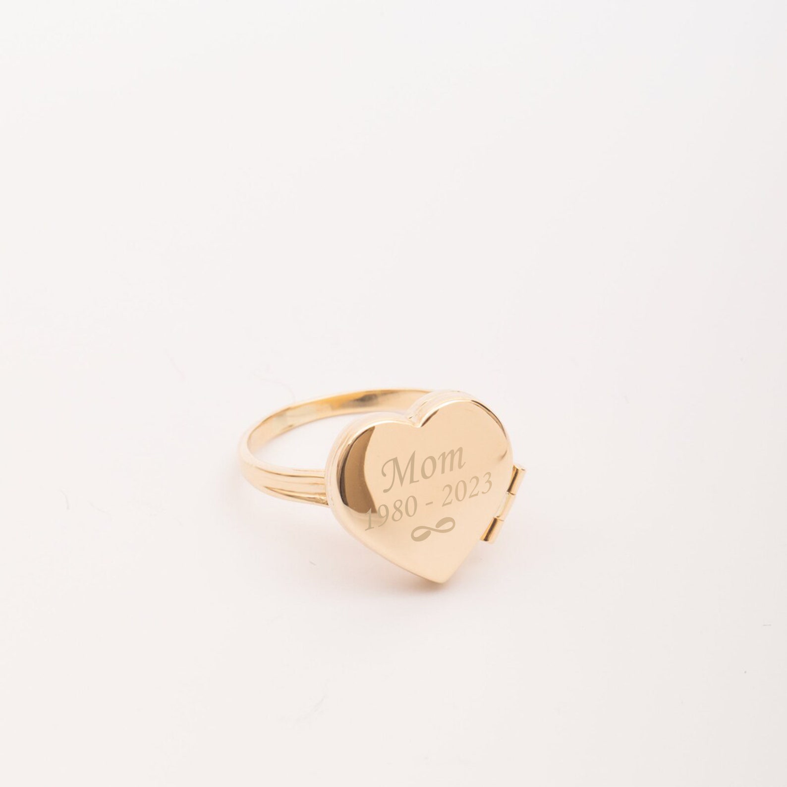 14K Real Gold Heart Locket Ring, Memorial Locket Signet Ring, Custom ...
