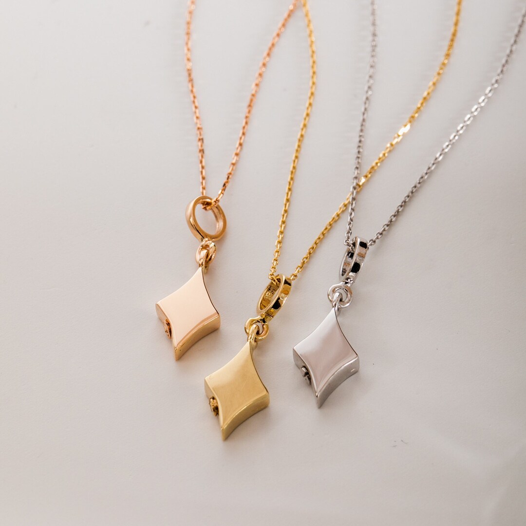 14K 18K Real Gold Diamond Shaped Rhombus Cremation Urn Pendant Necklace ...