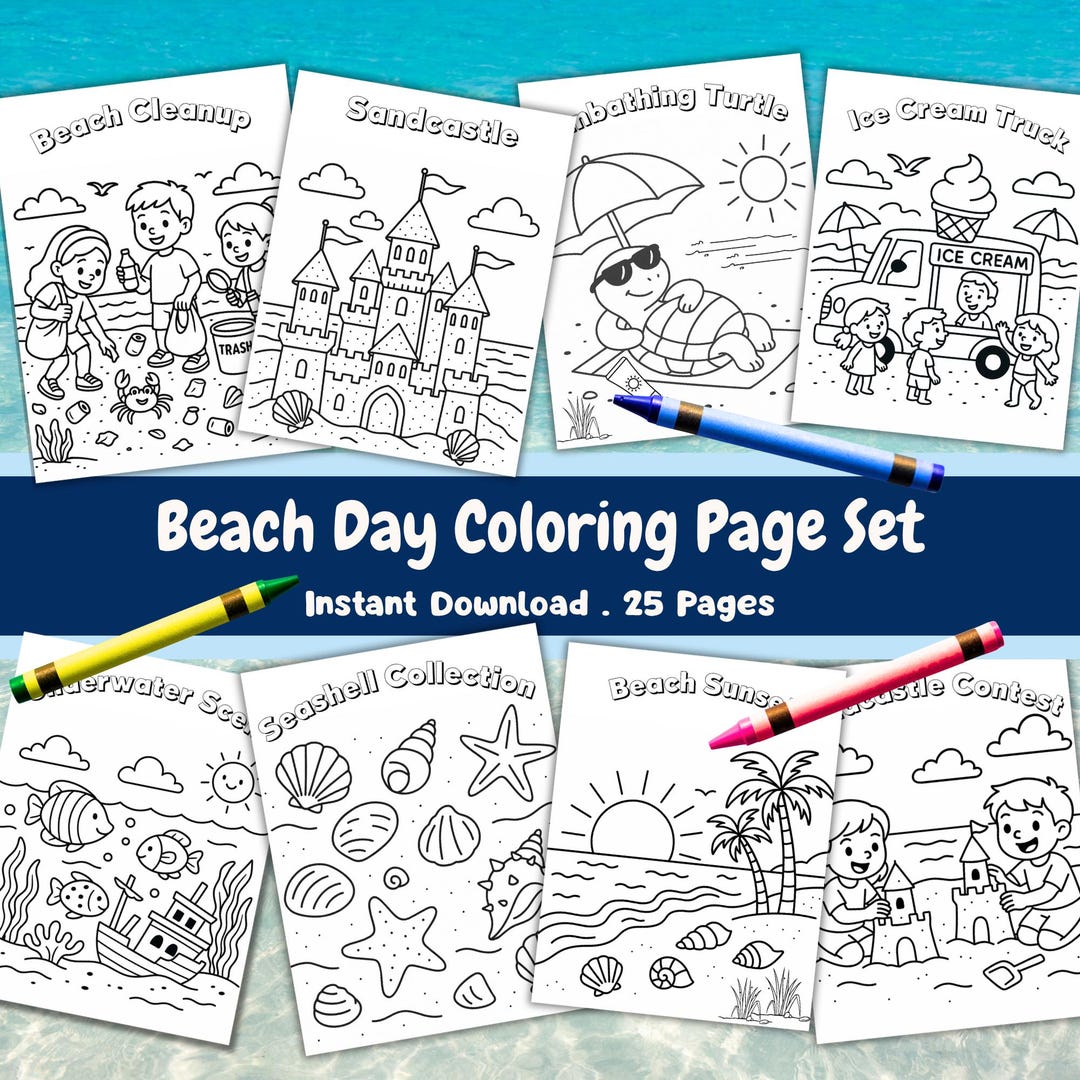 Beach Day Coloring Pages for Kids: Summer Fun Activity (digital ...