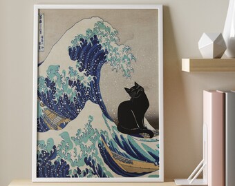 Cat Poster the Great Wave Cat Famous Painting With Cats Funny Print ...