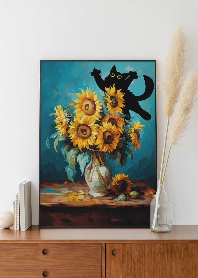Cat Print Vincent Van Gogh, Flowers Cat Print, Van Gogh Cat Poster, Cat ...