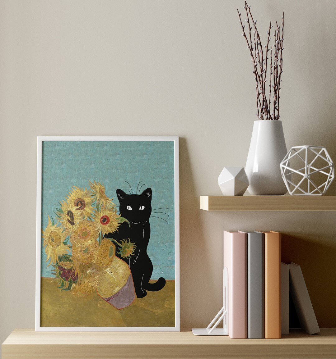 Cat Print Vincent Van Gogh, Knocking Over Van Gogh’s Sunflowers, Flowers Cat Print, Cat Poster ...