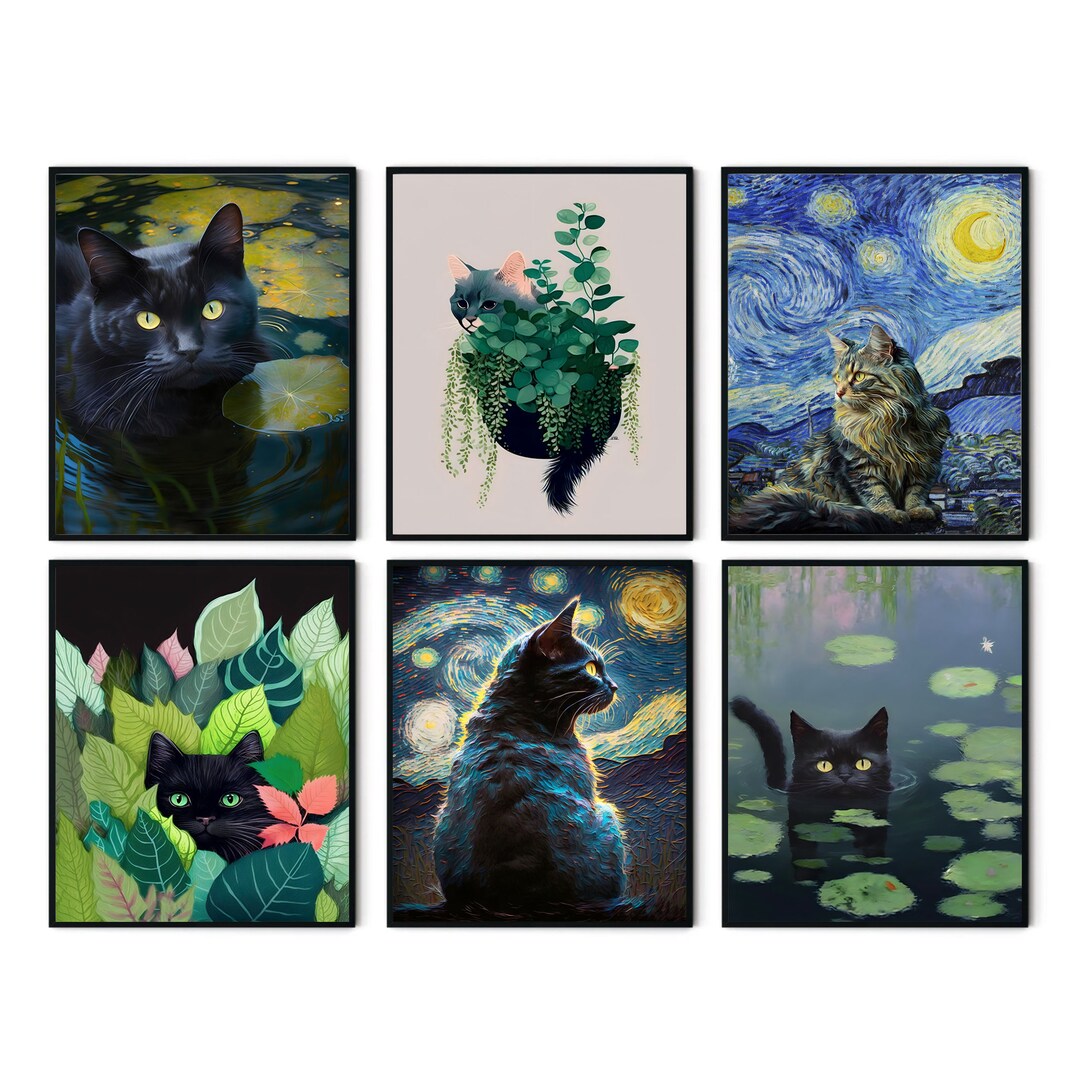 Cat Poster Set of 6, Monet Cat Print , Van Gogh Cat Poster, Funny Cat ...