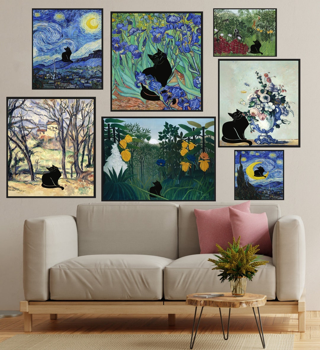 Eclectic Gallery Wall Cat Set of 7, Van Gogh Cat Print, Cat Art Print ...