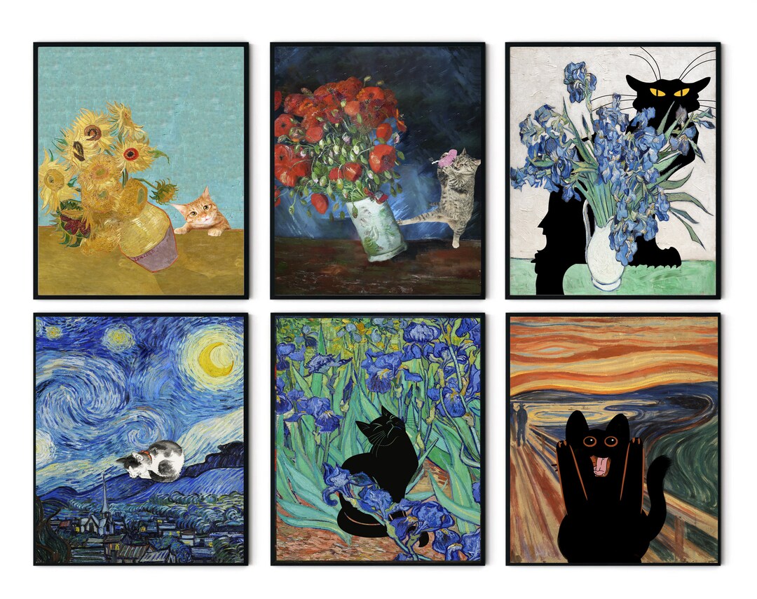 Cat Poster Set of 6 Edvard Munch Cat Print Van Gogh Cat - Etsy