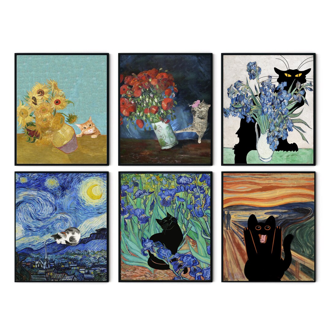 Cat Poster Set of 6, Edvard Munch Cat Print, Van Gogh Cat Starry Night ...