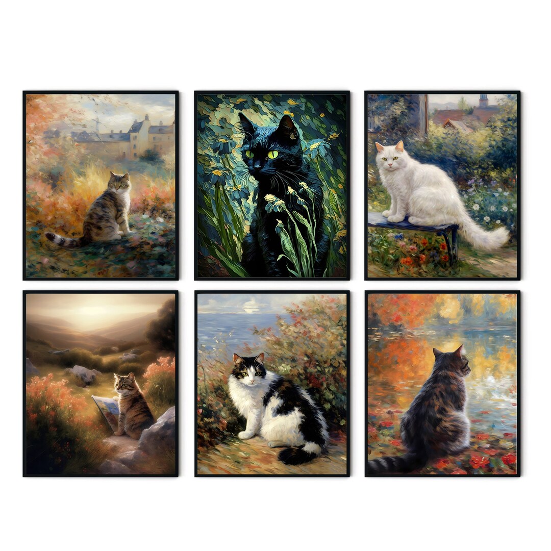 Cat Poster Set of 6, Monet Cat Print , Van Gogh Cat Poster, Funny Cat Print, Vintage Cat Poster ...