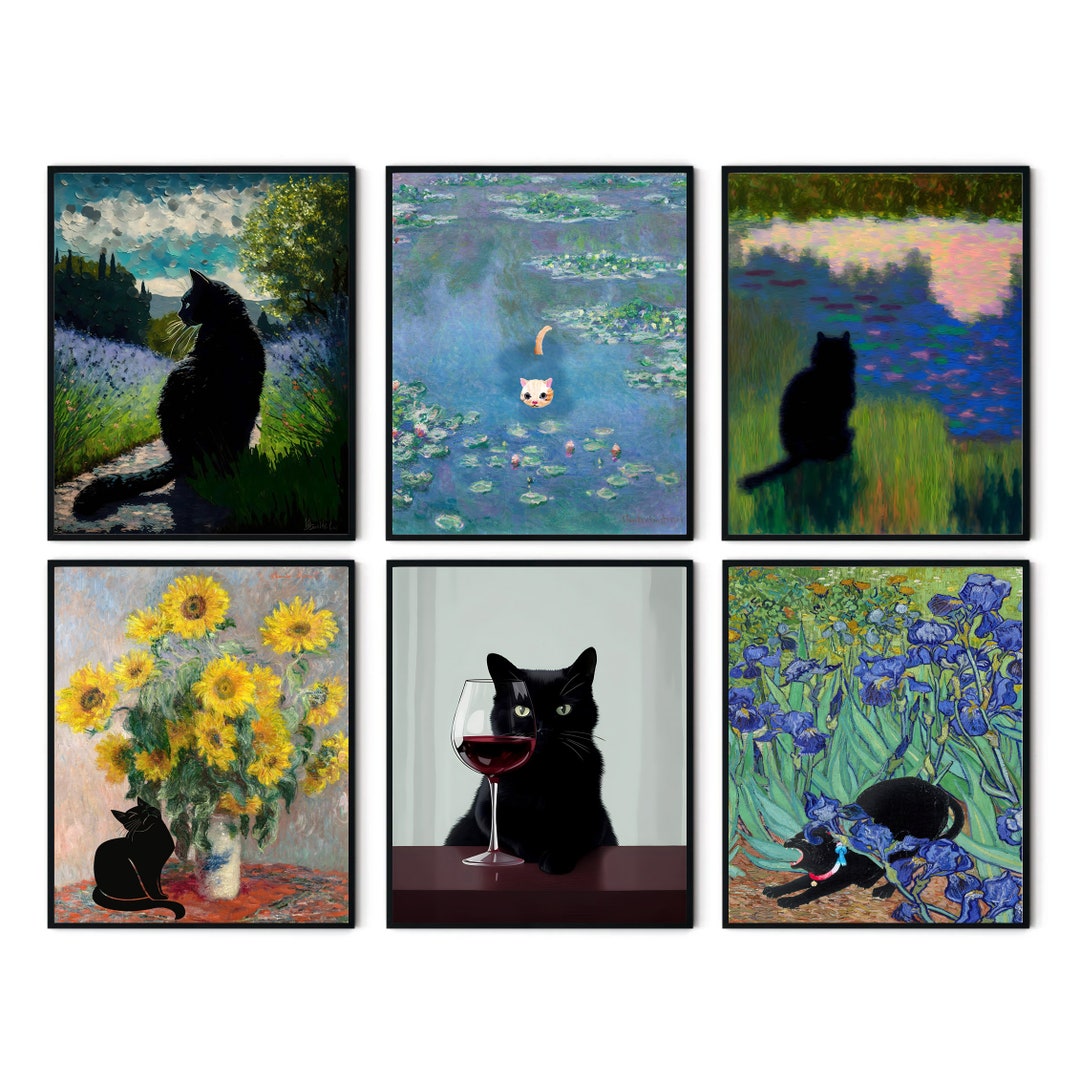 Cat Poster Set of 6, Monet Cat Print , Van Gogh Cat Poster, Funny Cat ...