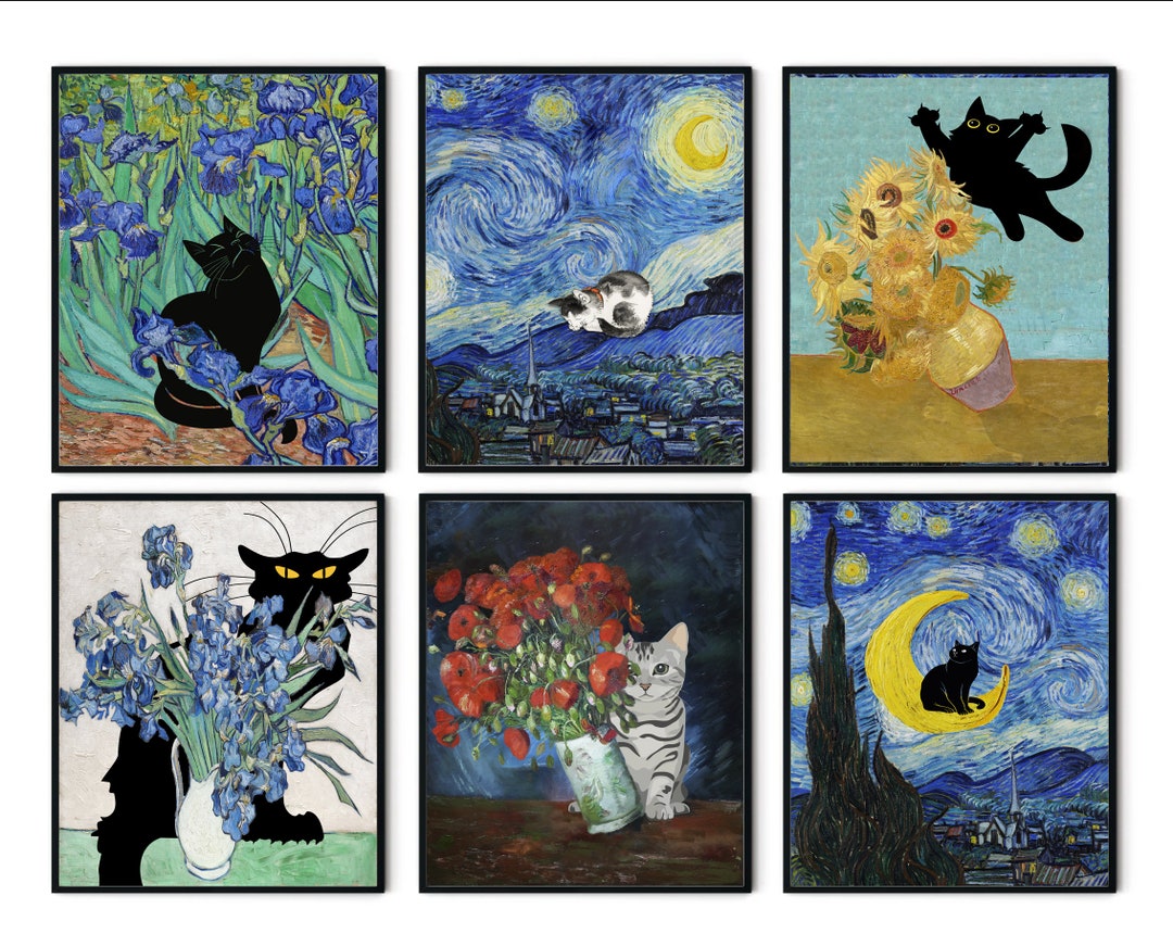 Van Gogh Cat Print, Set of 6, Floral Cat Art, Cat Poster Monet ...