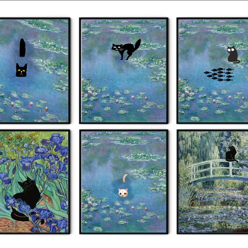 Claude Monet Cat Print Set of 3 Cute Black Cat Art Floral - Etsy