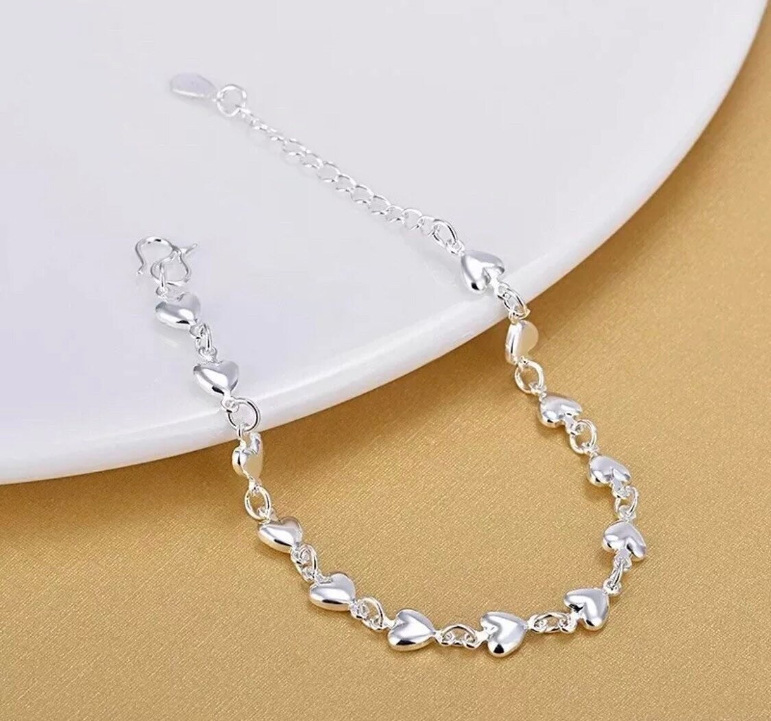 925 Sterling Silver Heart Bracelet Adjustable Giftbag - Etsy UK