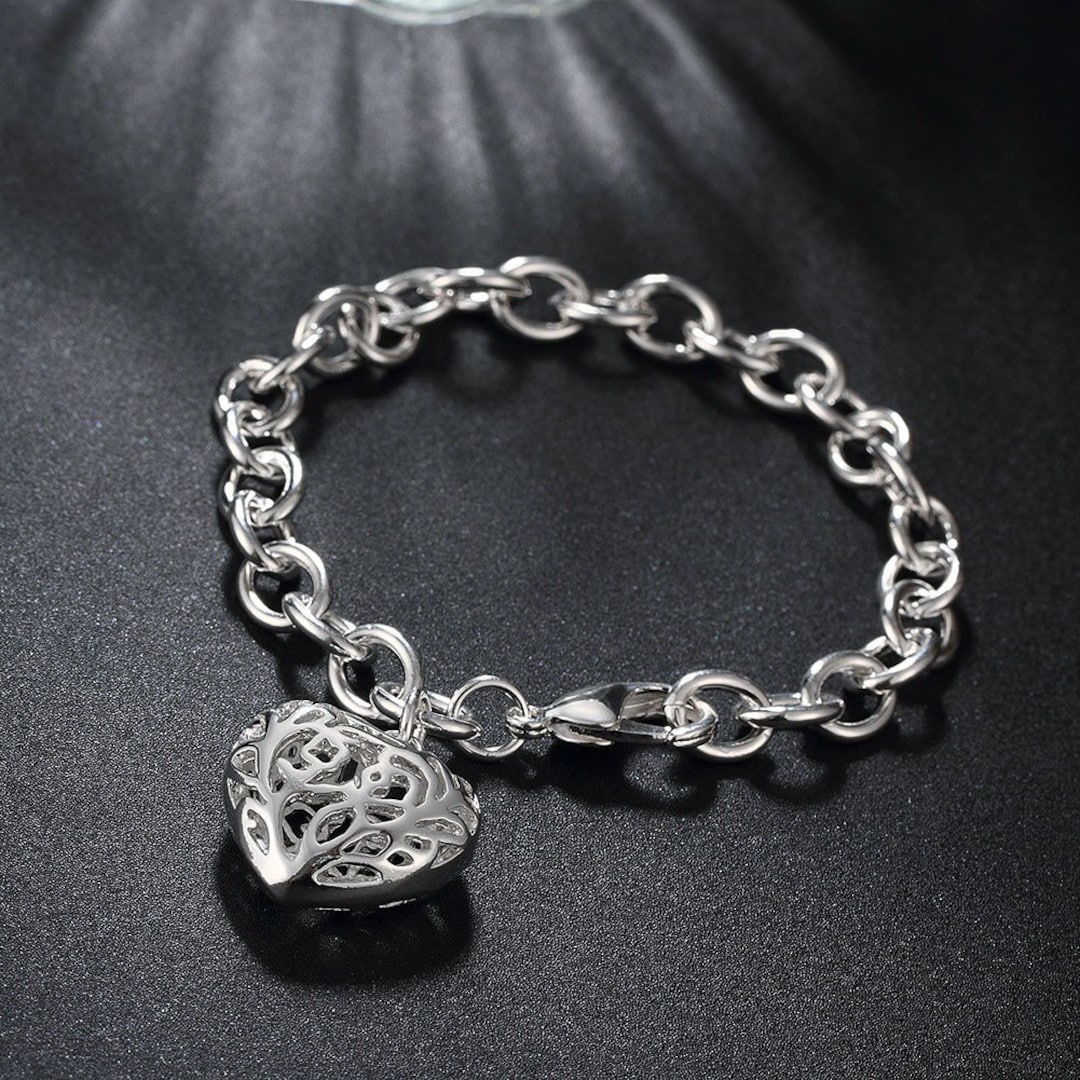 925 Sterling Silver Heart Bracelet Charm & Gift Bag Pouch Personalised ...
