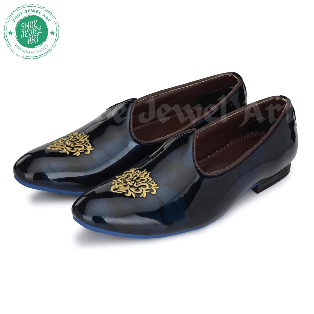 Handmade Blue Patent Leather Mojari Shoes: Embroidered Indian Wedding ...