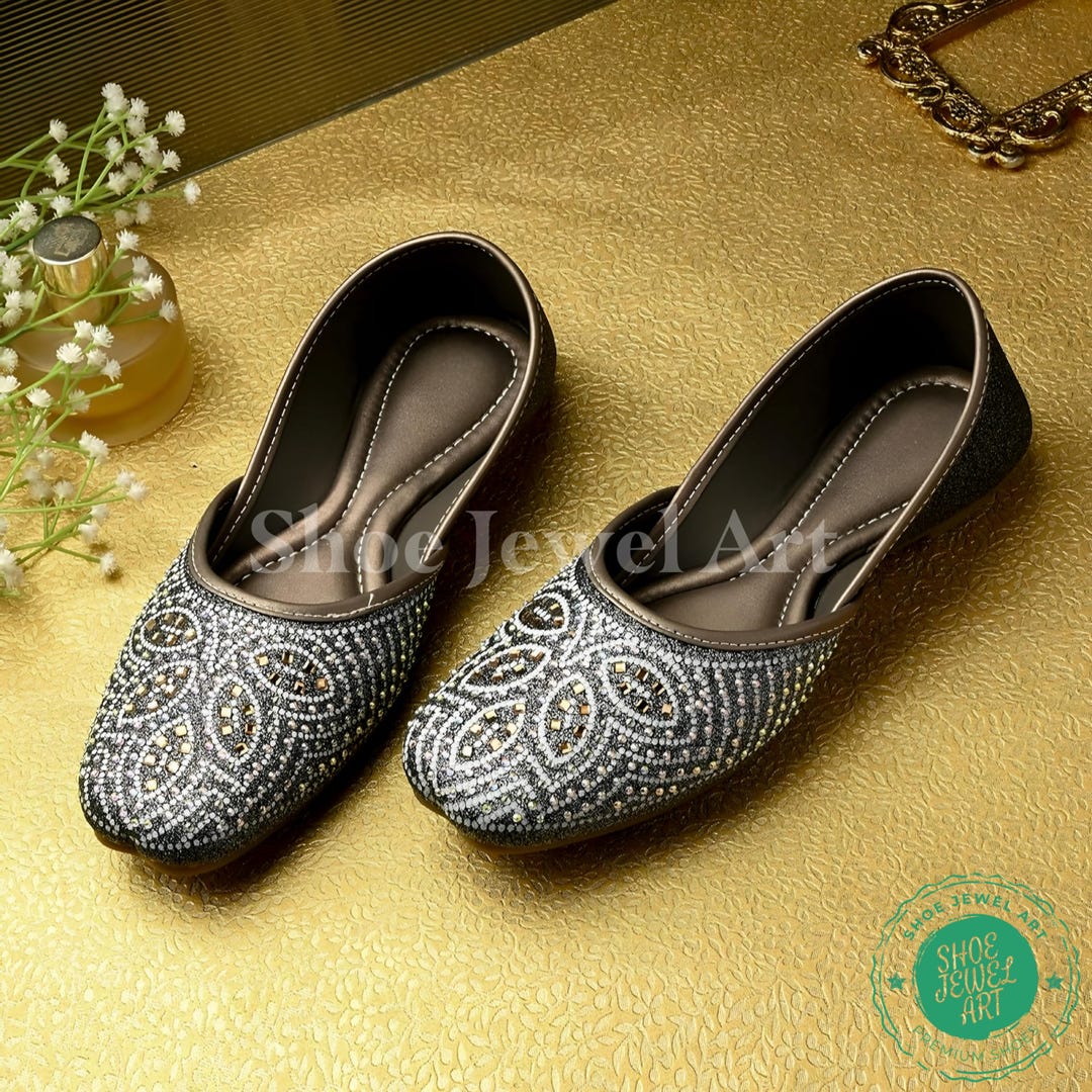 Embellished Grey Black Juttis for Women, Handmade Indian Mojari Flats ...