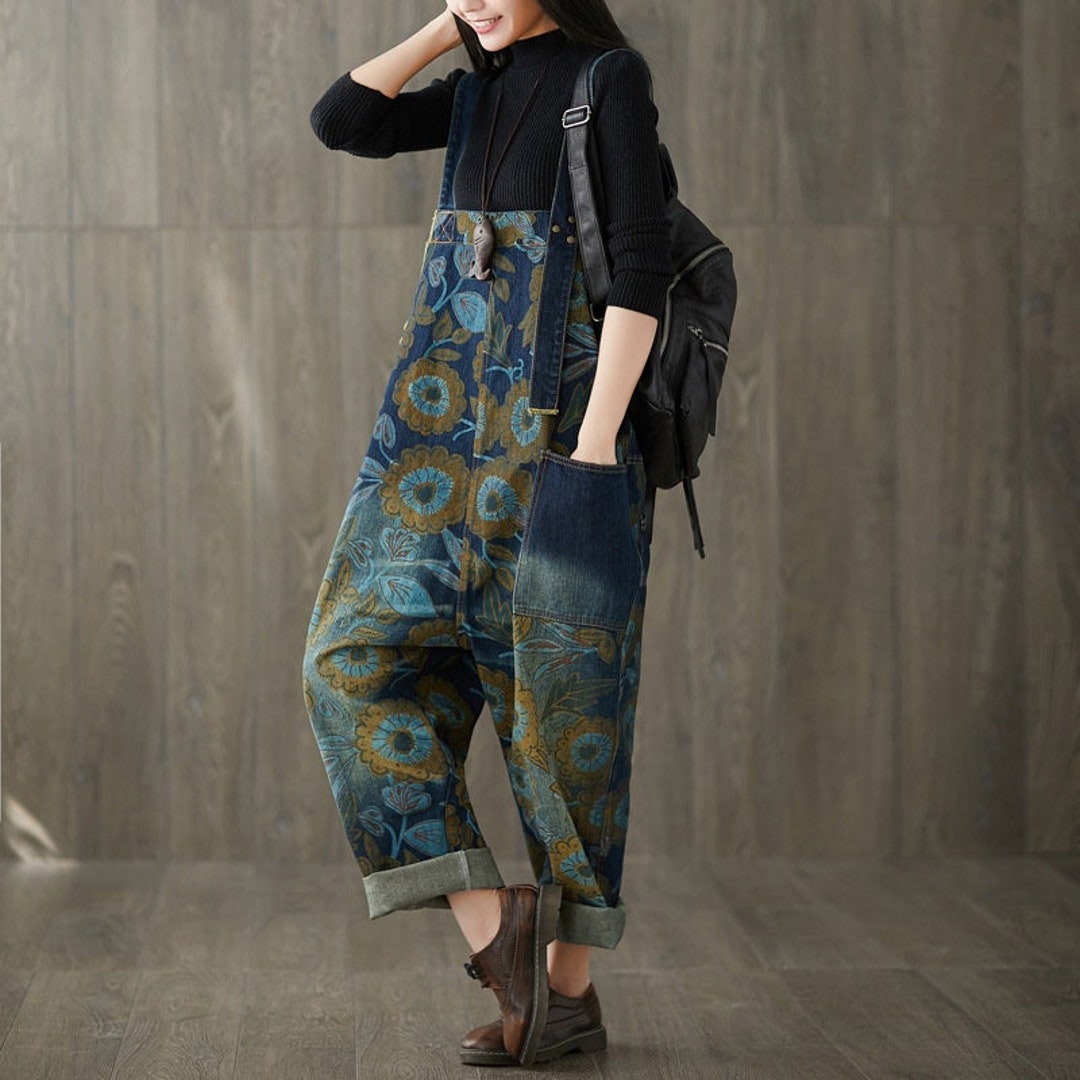 Blue Print Denim Overalls Woman Loose Cotton Overalls - Etsy