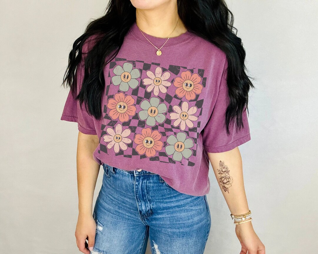 Checkered Flower Shirt | Retro Flowers Shirt | Summer Boho Flowers T ...