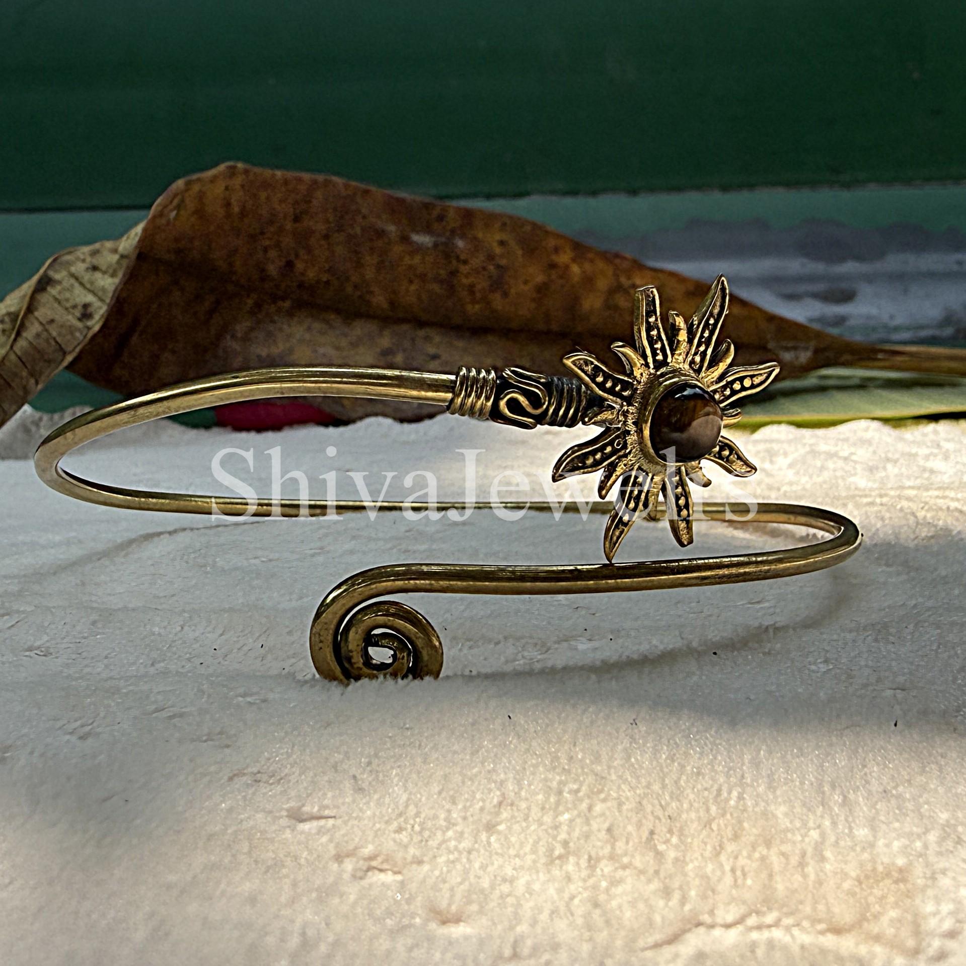 Brass Arm Cuff Band, Tigers Eye Boho Upper Arm Bracelet, Spiral Arm ...