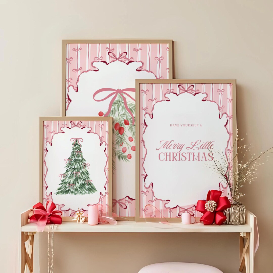 Pink Coquette Christmas Wall Art Set | Preppy Holiday Prints | 3-piece ...