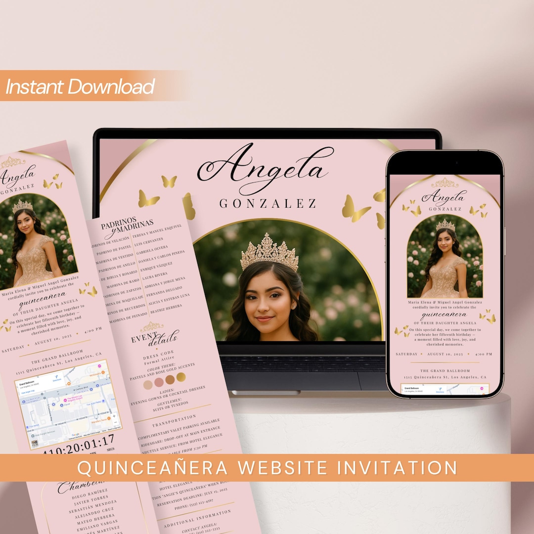 Quinceañera Website Invitation, Blush Pink Quince, Rose Gold, Canva ...