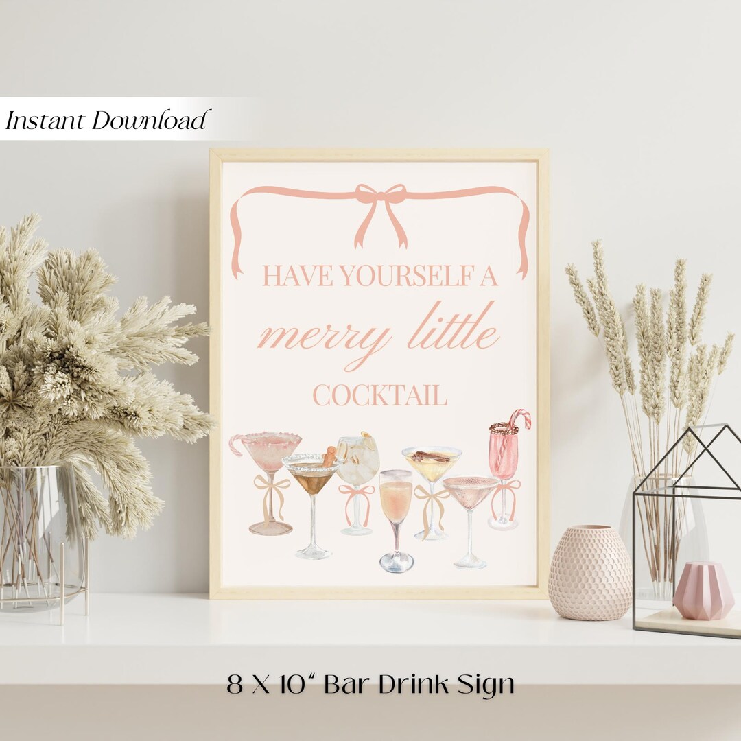 Pink Christmas Cocktail Bar Drink Sign, Holiday Party Merry Little ...