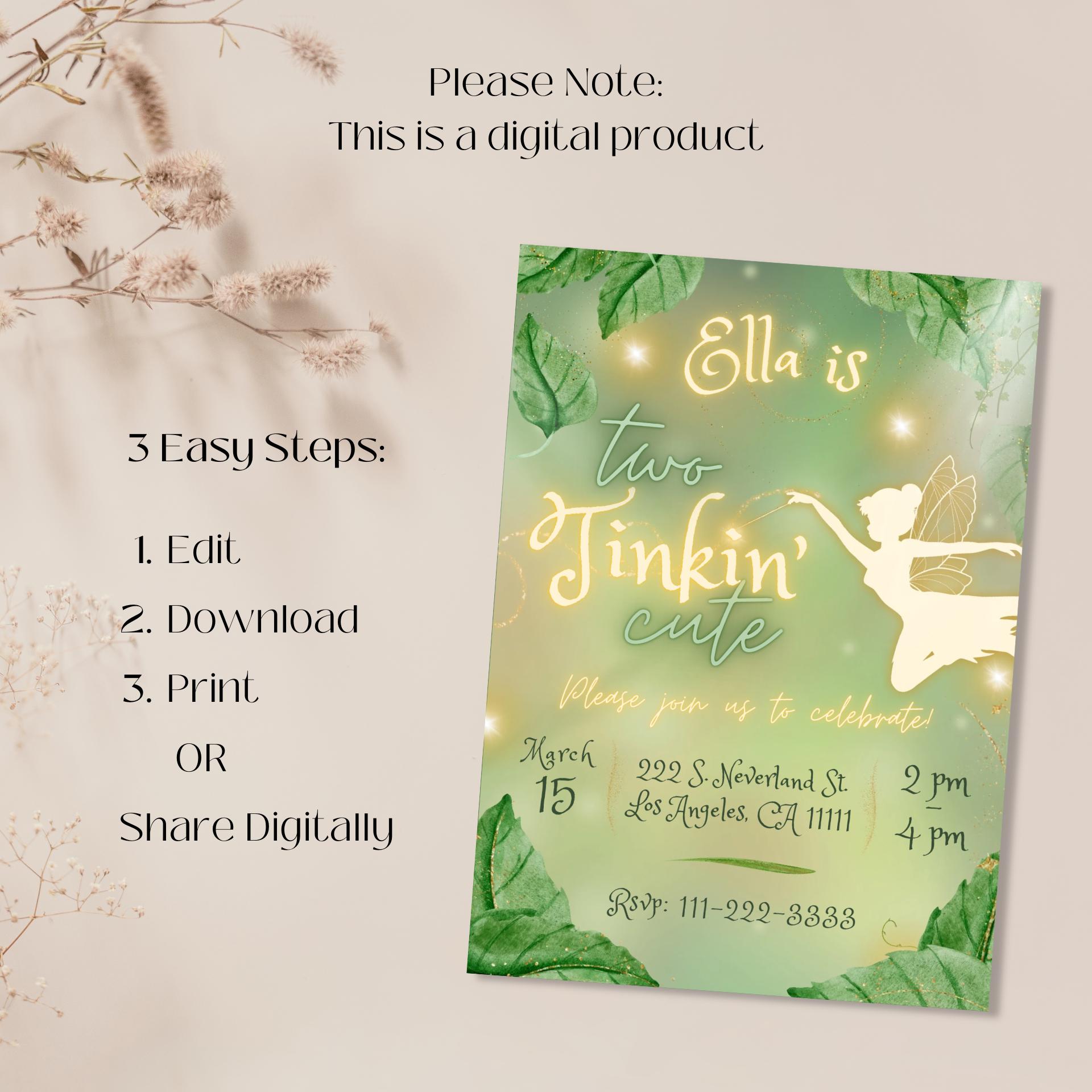 Two Tinkin Cute 2nd Birthday Invitation Invite, Editable Custom Digital ...