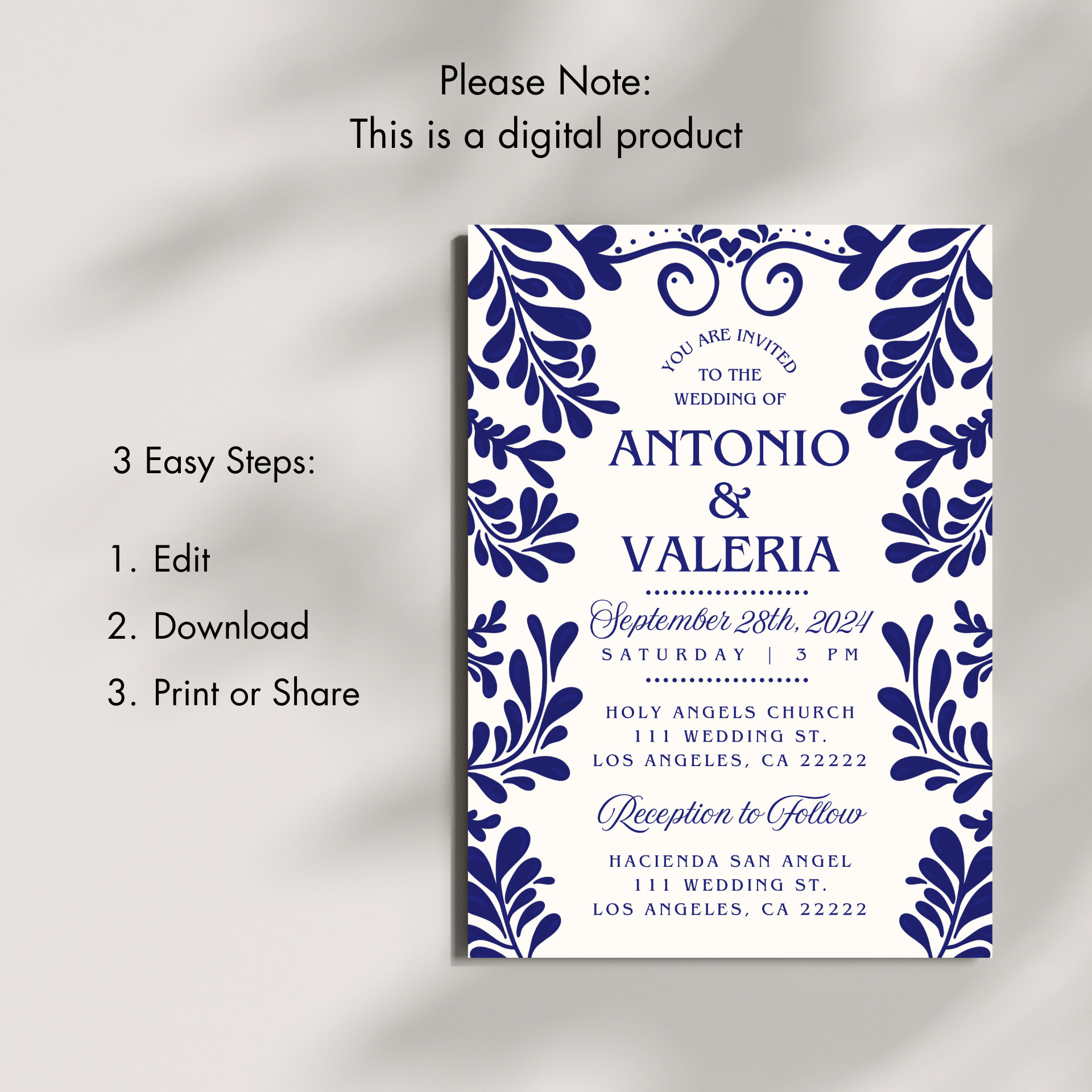Blue Talavera Wedding Invitation Invite, Editable Digital Printable ...