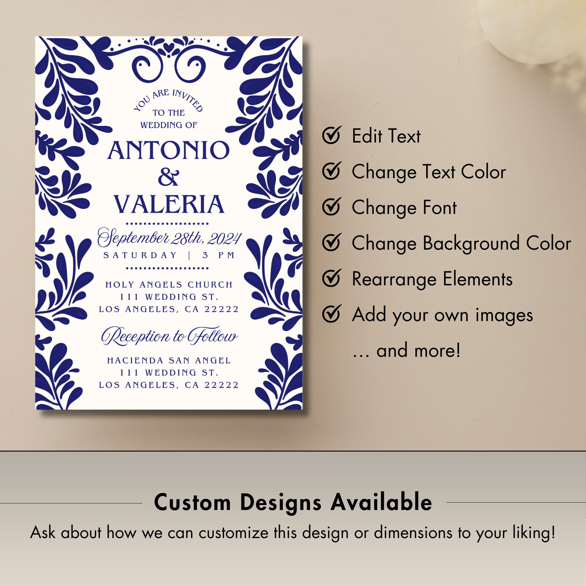 Blue Talavera Wedding Invitation Invite, Editable Digital Printable ...